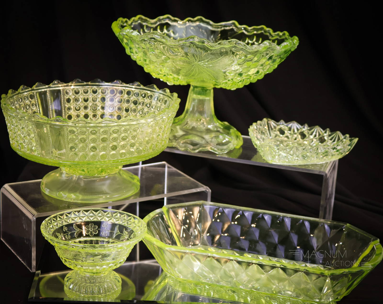 5 Pc Lot Victorian Eapg Vaseline Glass Auction