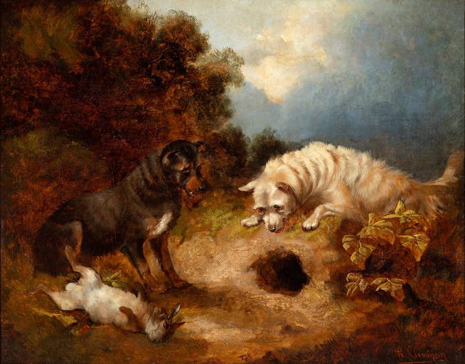 ROBERT CLEMINSON (England, 1864-1903). "Dogs by the Burrow". Oil on canvas. Signed in the lower ...