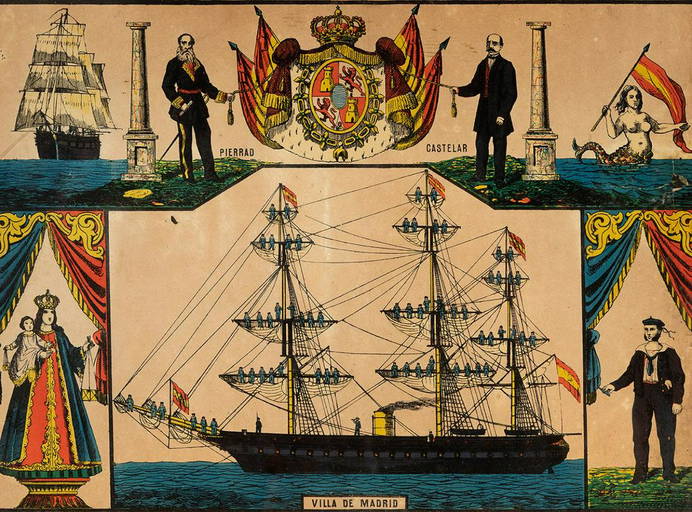 Spanish engraving from the 19th century. "War ship, Villa de Madrid ...