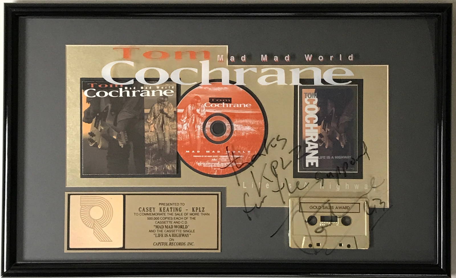 Tom Cochrane "life Is A Highway" Riaa Gold Award Signed By Cochrane Auction