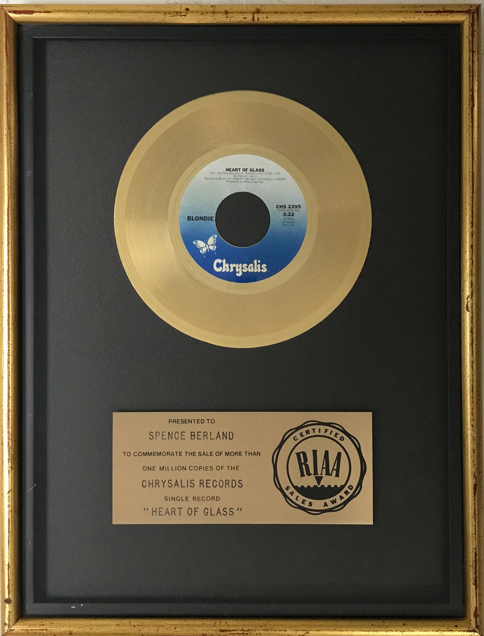 Blondie "heart Of Glass" Riaa Gold 45 Award Auction