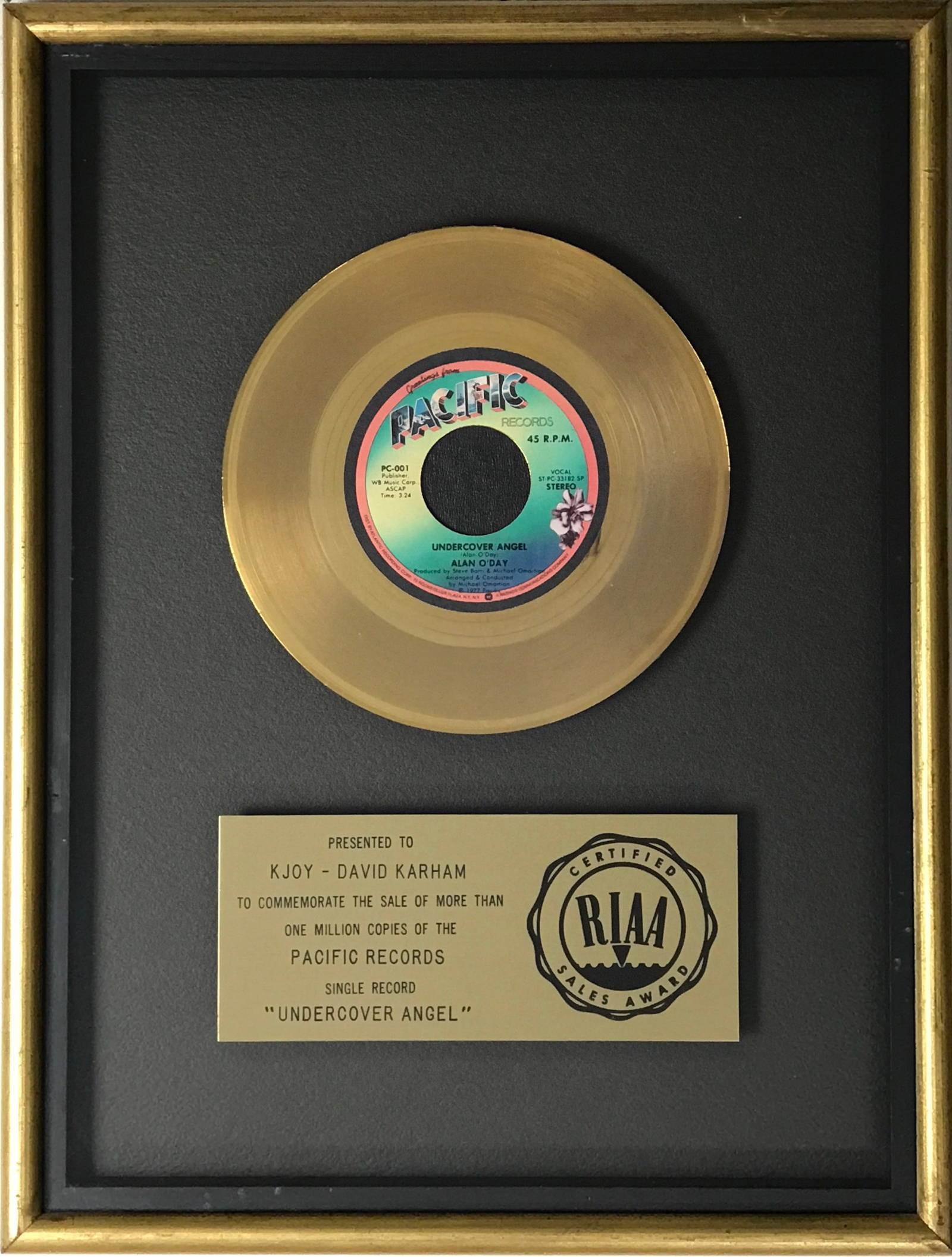Alan O'day "undercover Angel" Riaa Gold Single Award Auction