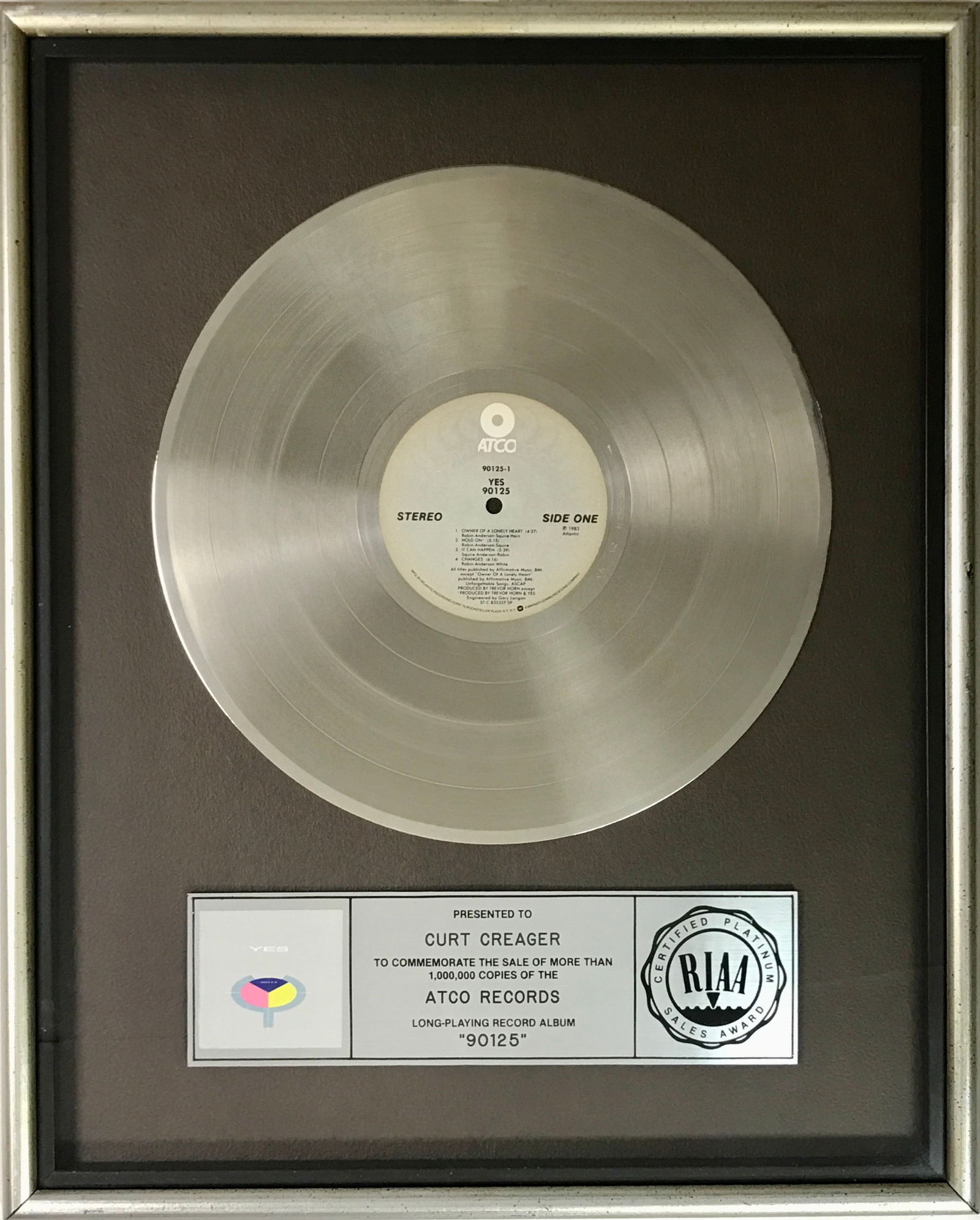 Yes 90125 Riaa Platinum Album Award - Aug 02, 2025 | Musicgoldmine.com ...