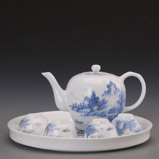 A Set Of Enameled Blue Tea Set With Landscape Pattern