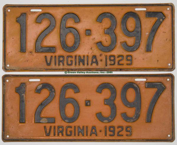 1929 Pair Of Virginia License Plates, Black And O