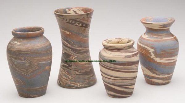 927: NILOAK SWIRL VASES, LOT OF FOUR, incised marks. 20