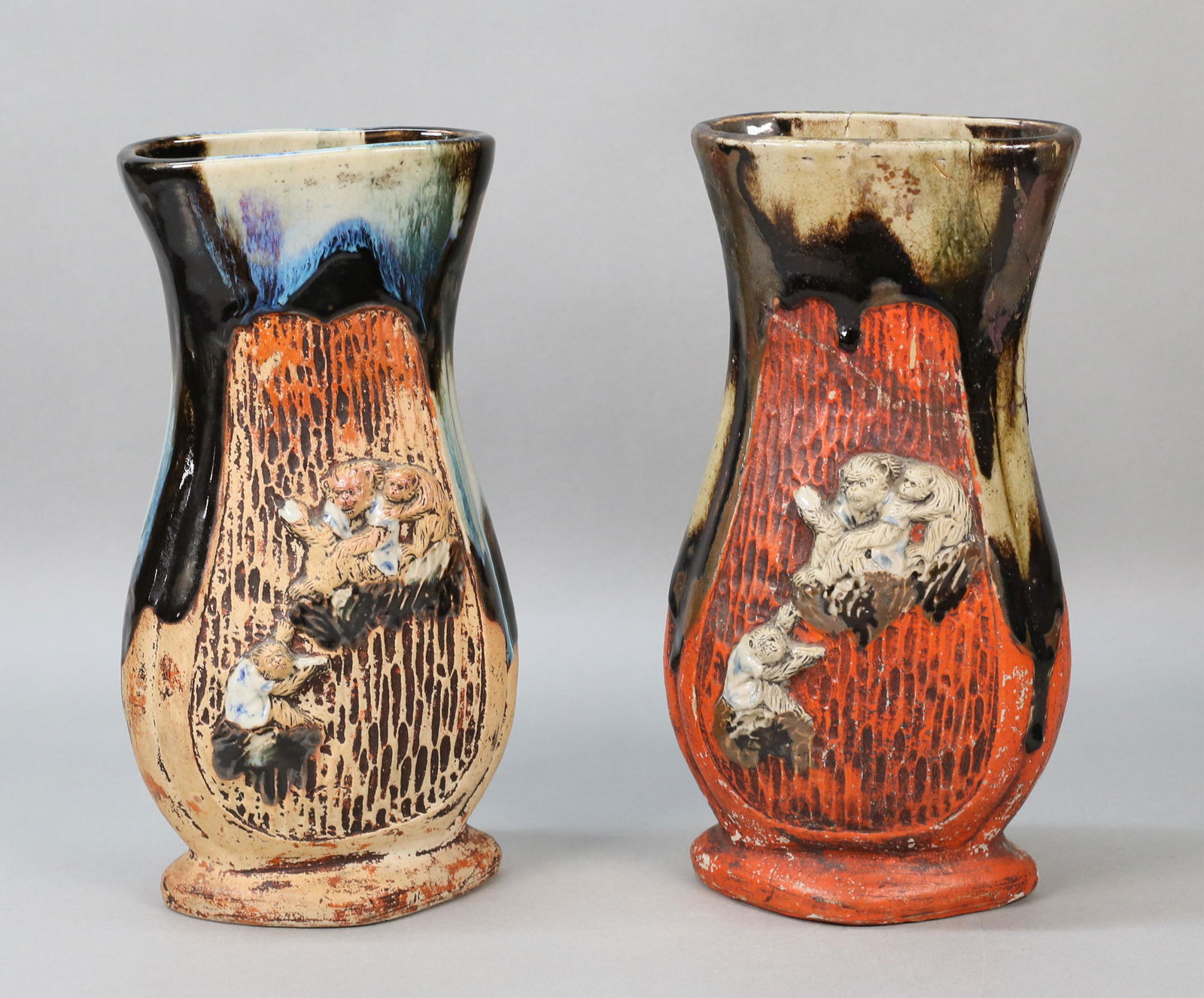 Pair Of Sumida Pottery Vases Monkeys