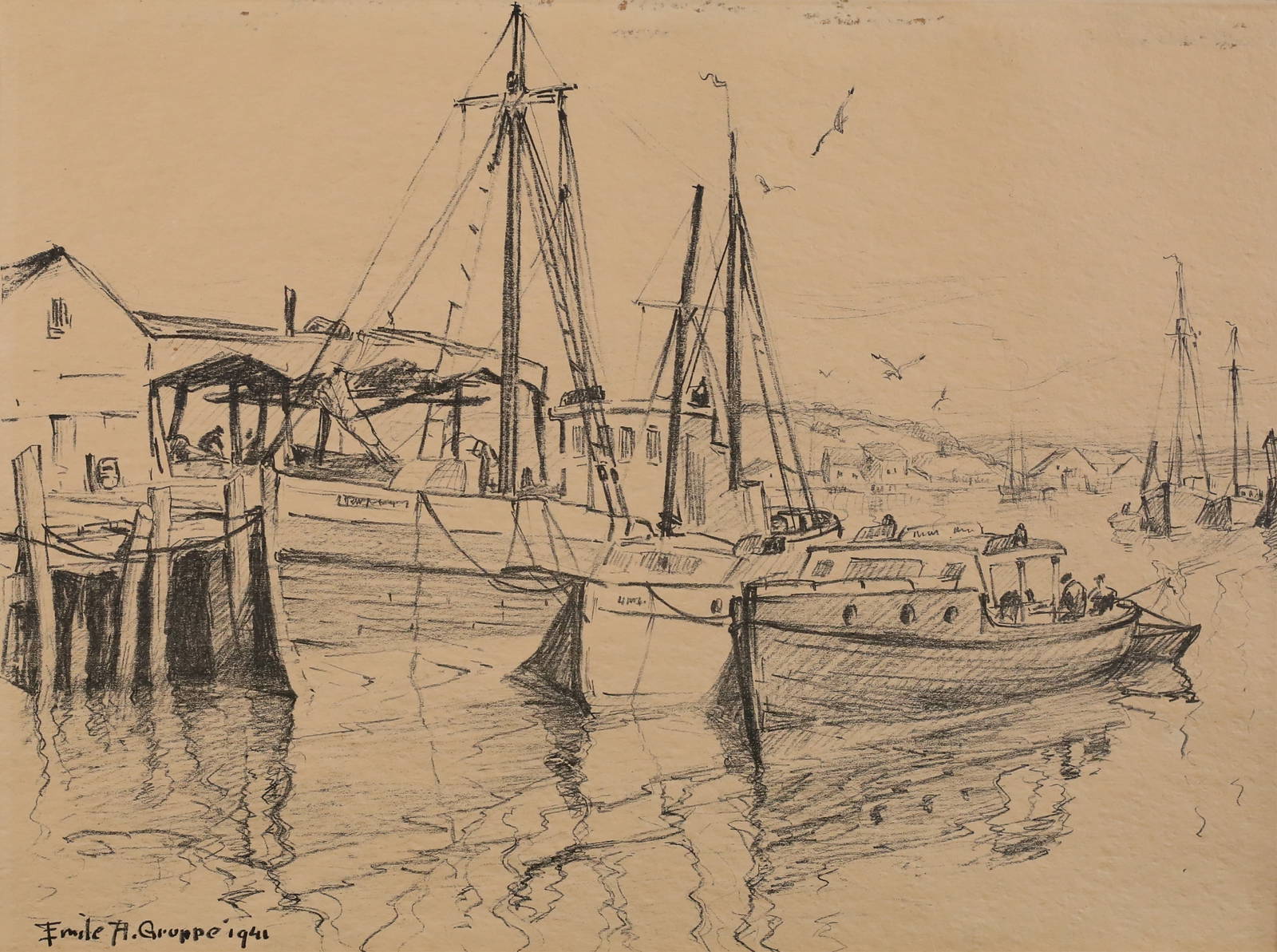 Emile A. Gruppe Lithograph Dock Scene Auction