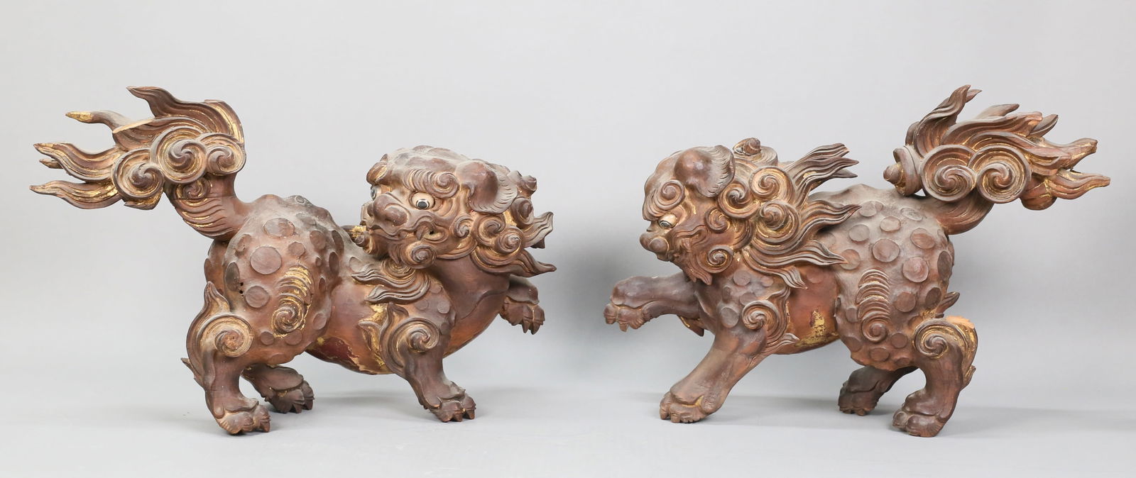 Pair Of Chinese Carved Wooden Foo Dogs Auction
