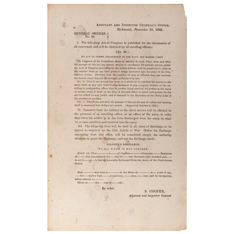 Confederate States Army General Order No. 89, November 18, 1862 (#0209 ...