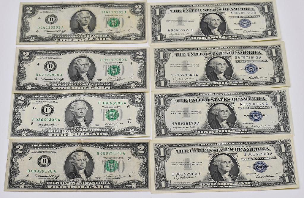 United States Two And One Dollar Bills Various Years
