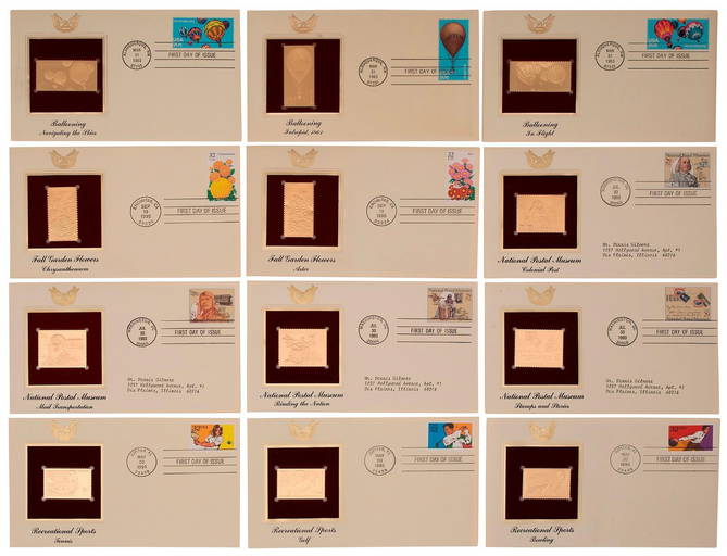 A Large Group Of United States 22kt Gold Replica Stamps