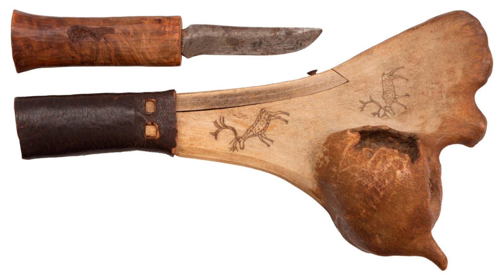 American Indian Antler Club With Scrimshaw And Knife Auction