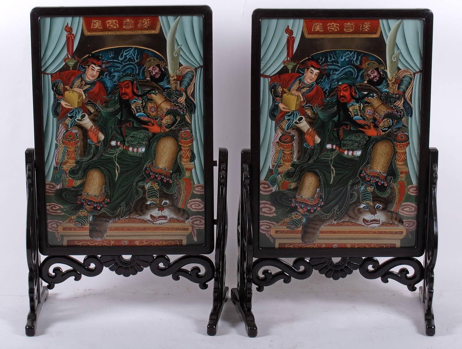 A Pair Of Chinese Reverse Painted Glass Screens Auction