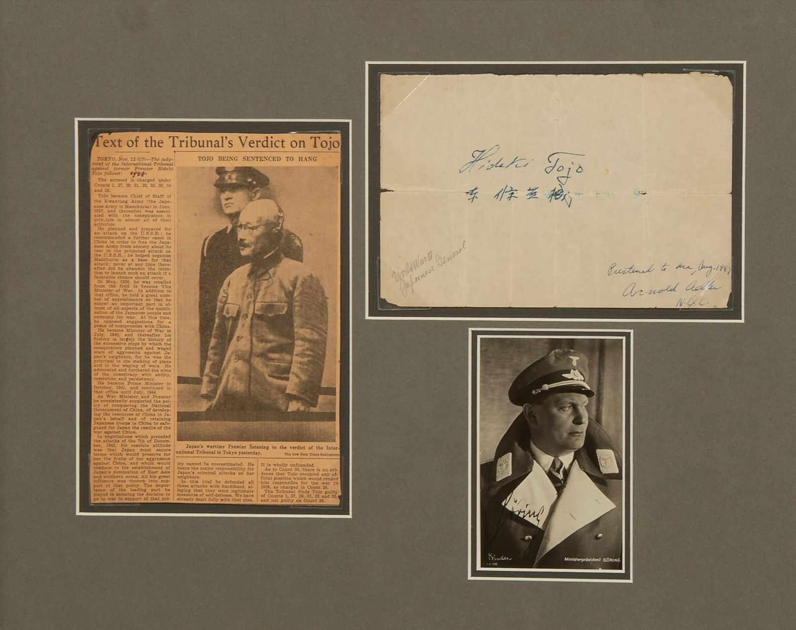 1947 Hideki Tojo Signature And Hermann Goring Singed Photograph Auction