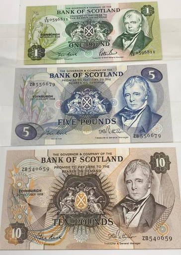 Three 1970s Bank Of Scotland Notes. A One, Five And Ten