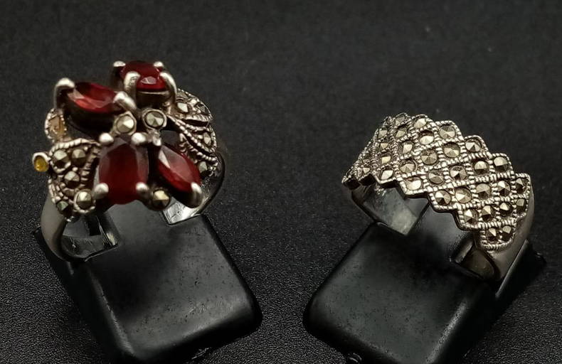 2 X Silver Marquisite Set Rings 9g Sizes J & M