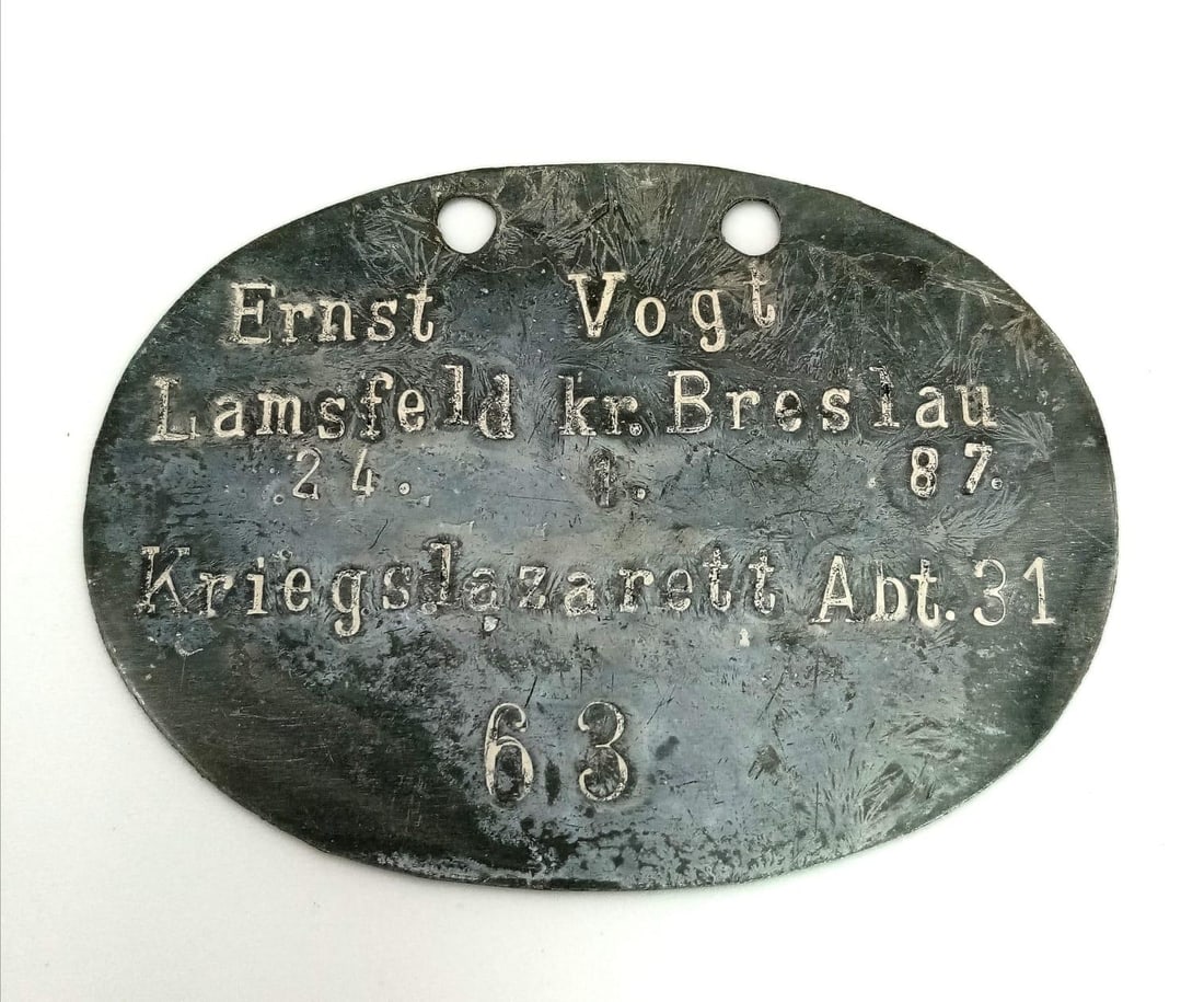 Ww1 Imperial German Dog Tag For A Medic In A Field Hospital.