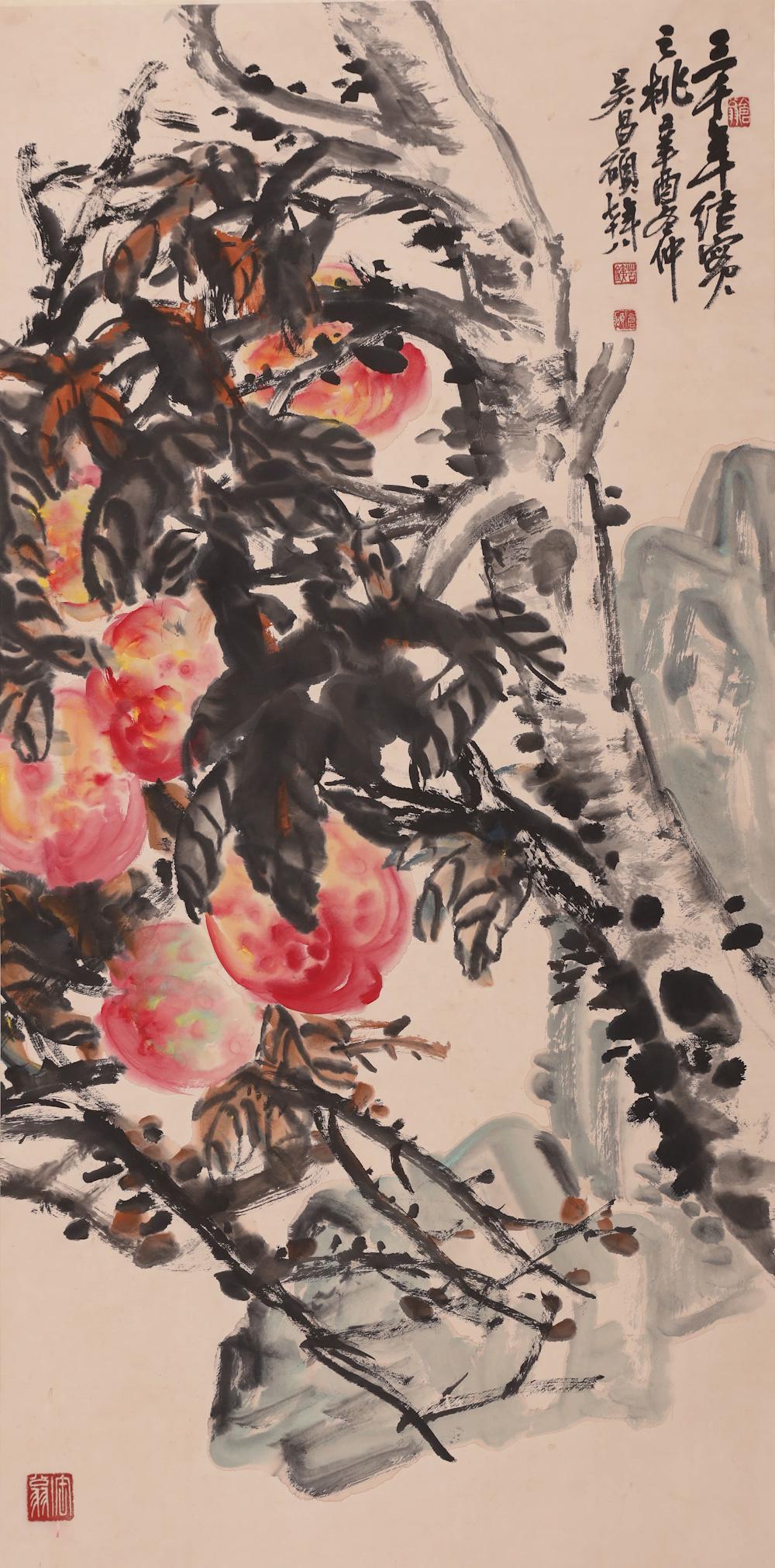 A Chinese Peaches Painting Paper Scroll, Wu Changs