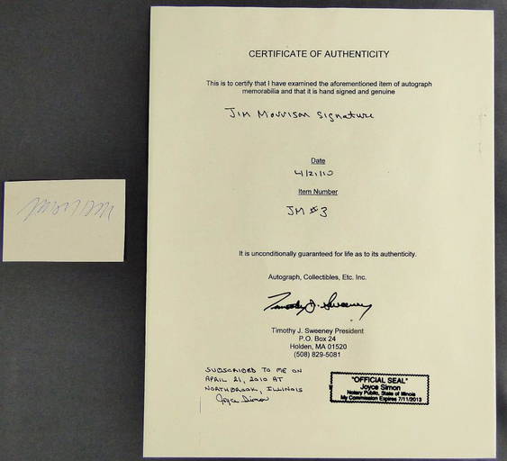 Jim Morrison "doors" Autograph W/ Coa
