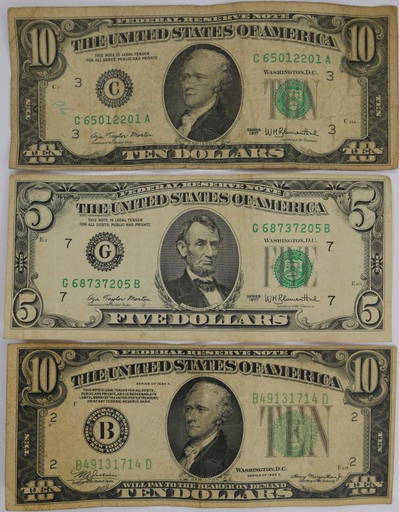 3 Vintage Us Paper Currency Bills 1934 10$ Note