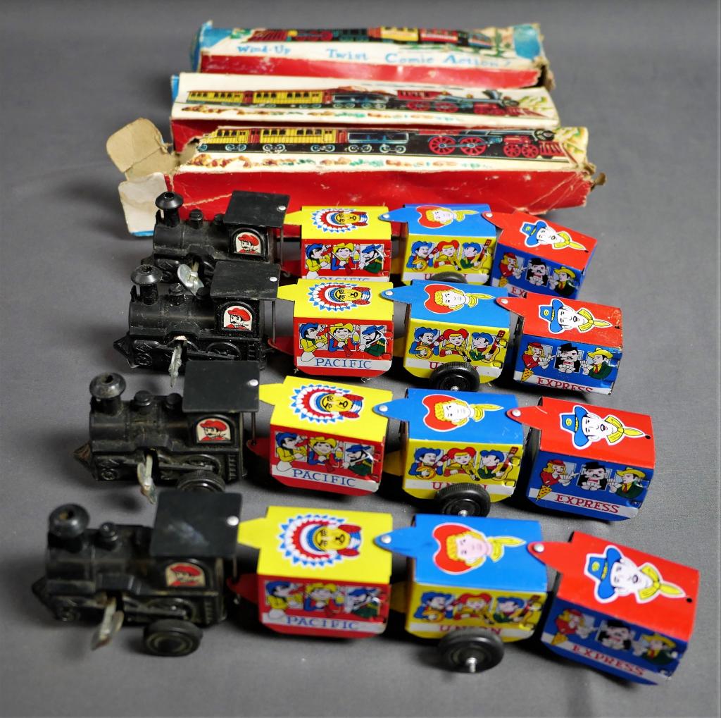 4 Vintage Union Pacific Express Wind Up Toy Trains
