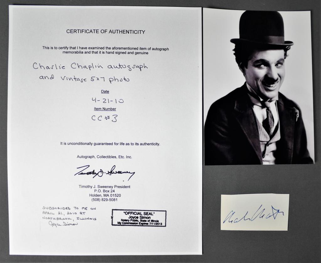 Charlie Chaplin Autograph/ Signature W/ Coa