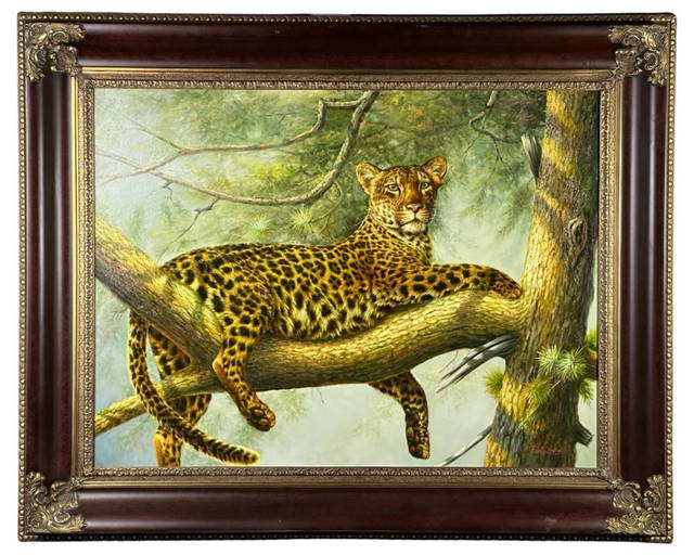Ted Ward "leopard On Tree" Oil Painting