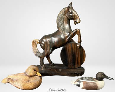 Wood Carved Duck Decoys, Horse Statue, Pipe Rack