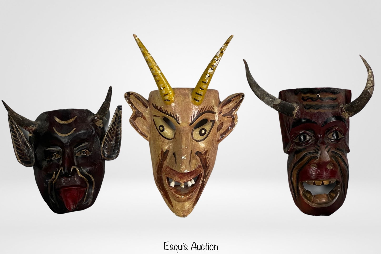 Mexican Wood Carved Diablo Dancing Masks Auction