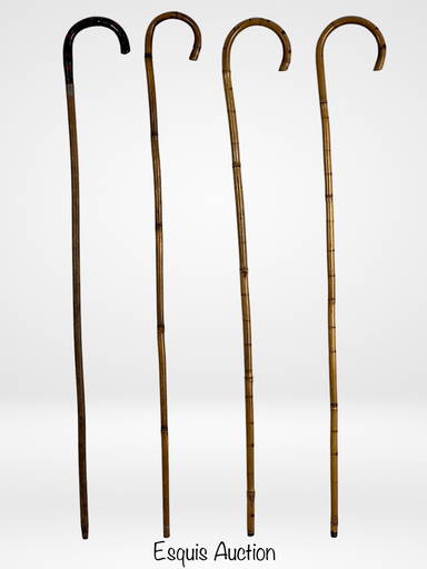 Four Vintage Bamboo Walking Canes With Curved Hand