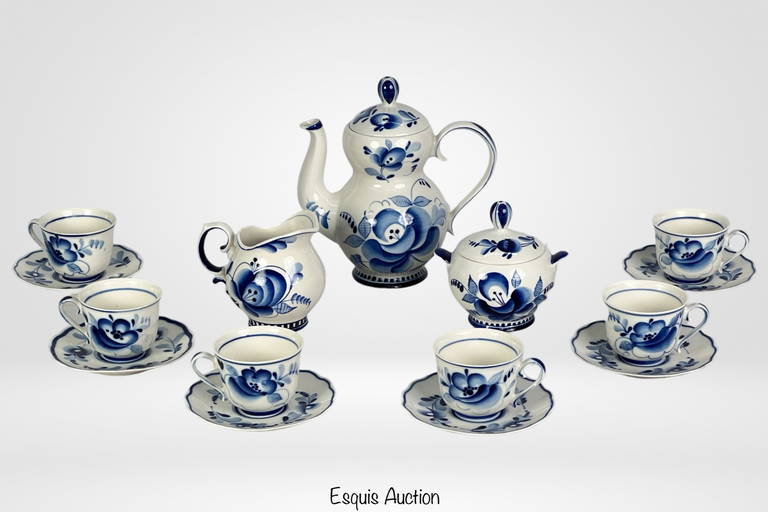 Gzhel Russian Porcelain Tea Set Teapot & Cups