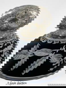 Thomas Webb Art Glass Cameo Inkwell W Sterling Lid