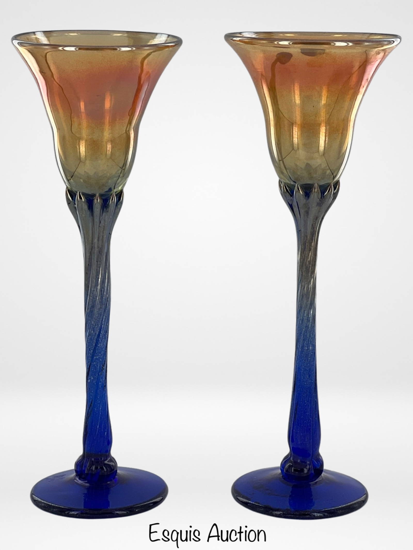 Rick Strini Art Glass Iridescent Cobalt Goblets Auction