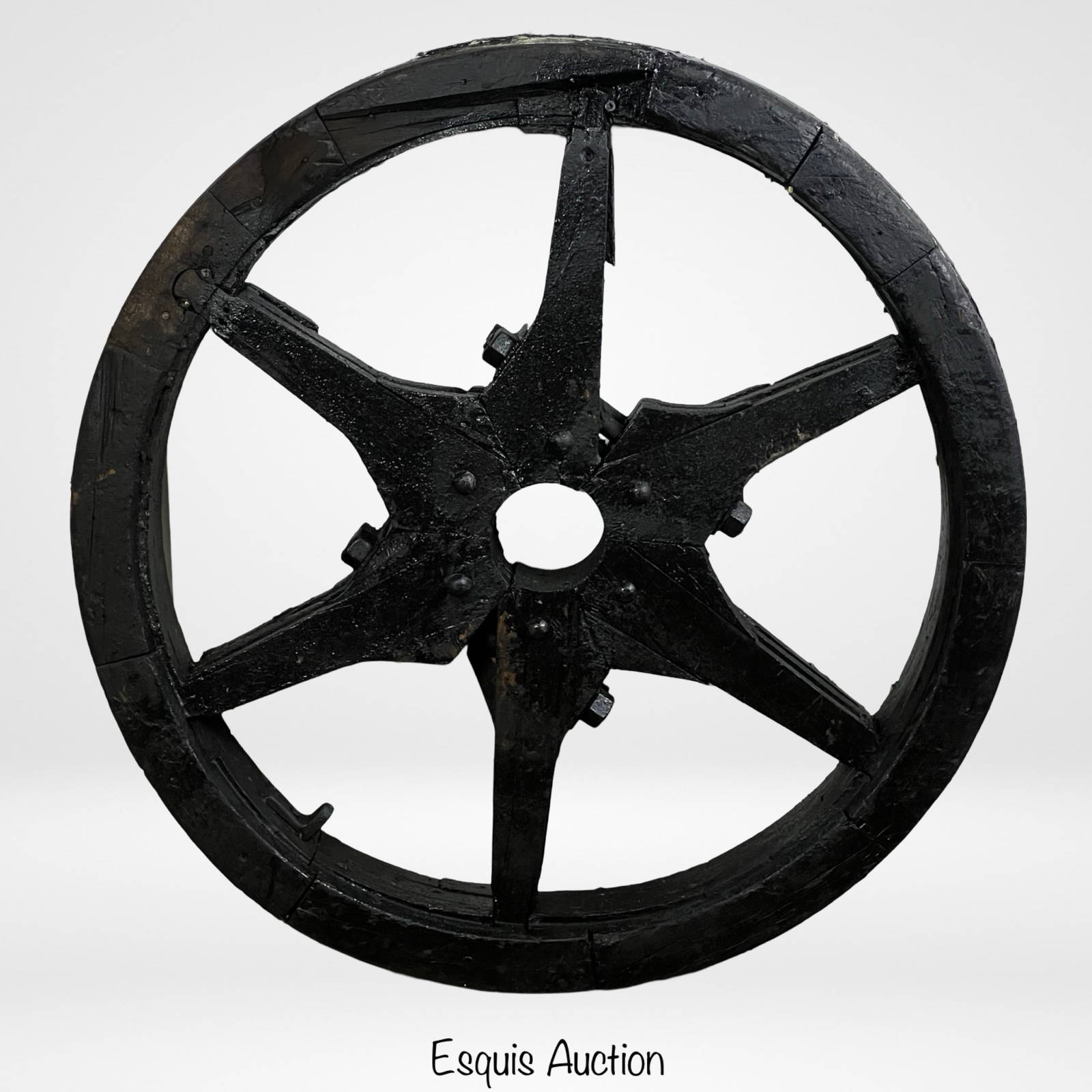 19th C Antique Industrial Age Wood Flywheel Wheel Auction