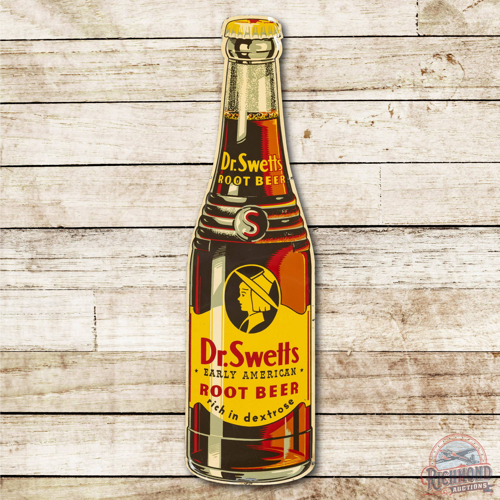 Dr. Swett's Early American Root Beer Die Cut Bottle Tin Sign Auction