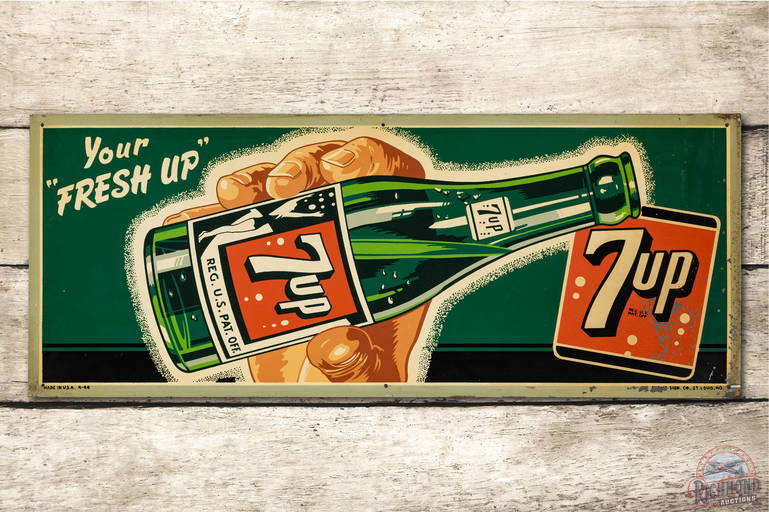 1946 Your Fresh Up 7up W/ Hand & Bottle Tin Sign