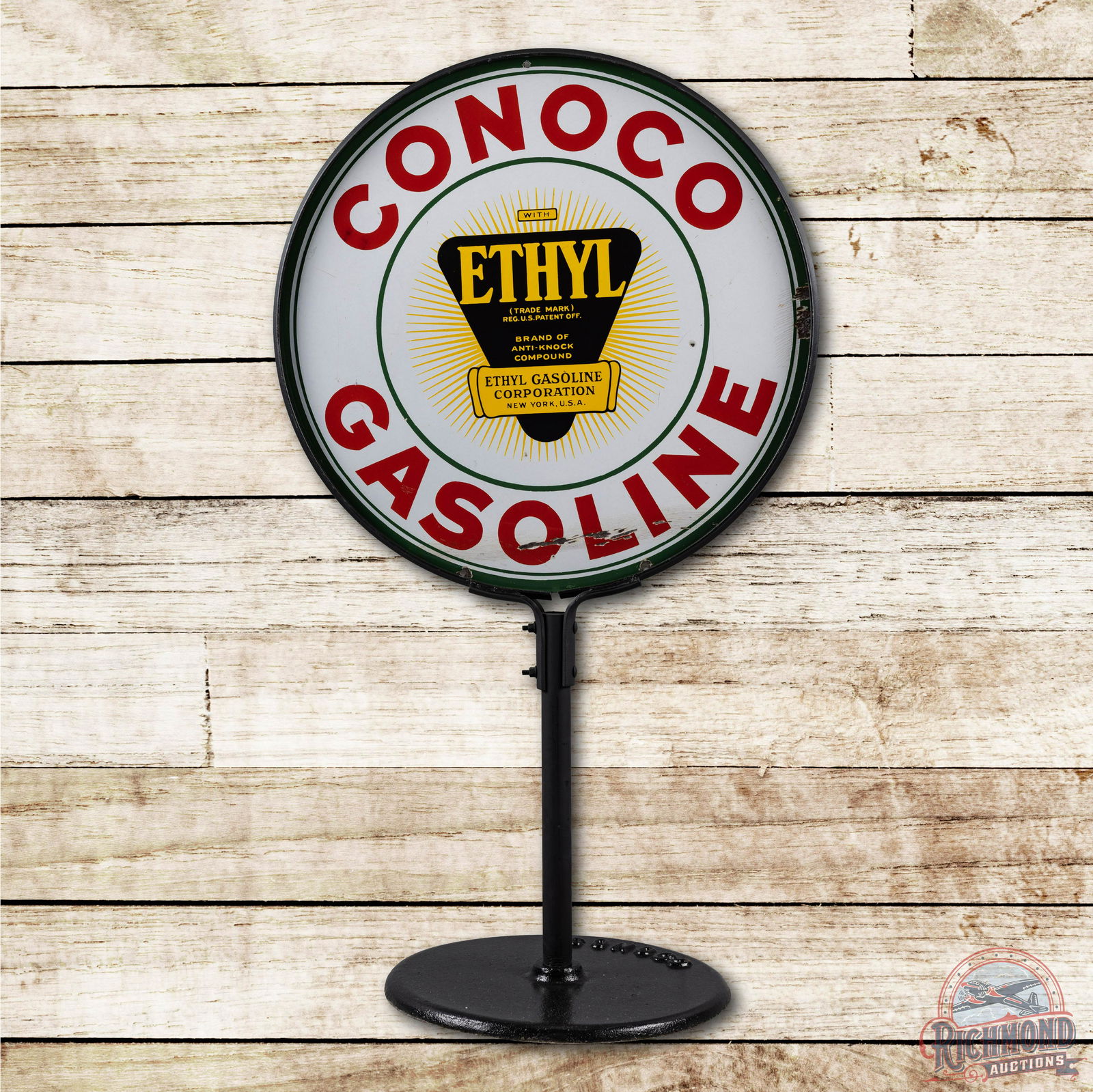 30" Conoco Ethyl Gasoline Double Sided Porcelain Curb Sign & Base