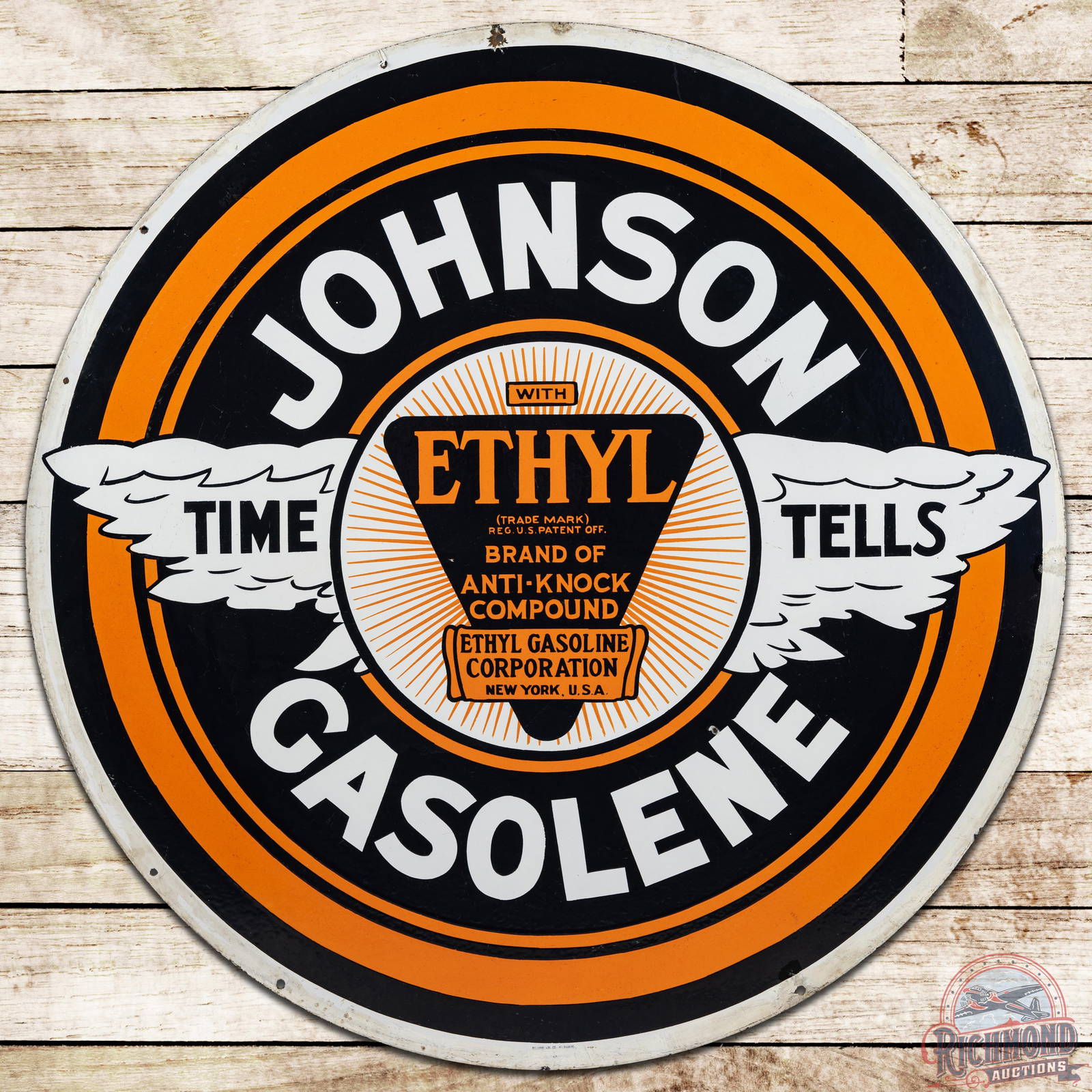 48" Johnson Oils Time Tells Gasolene Dsp Sign - 8.75 & 8.5 Auction