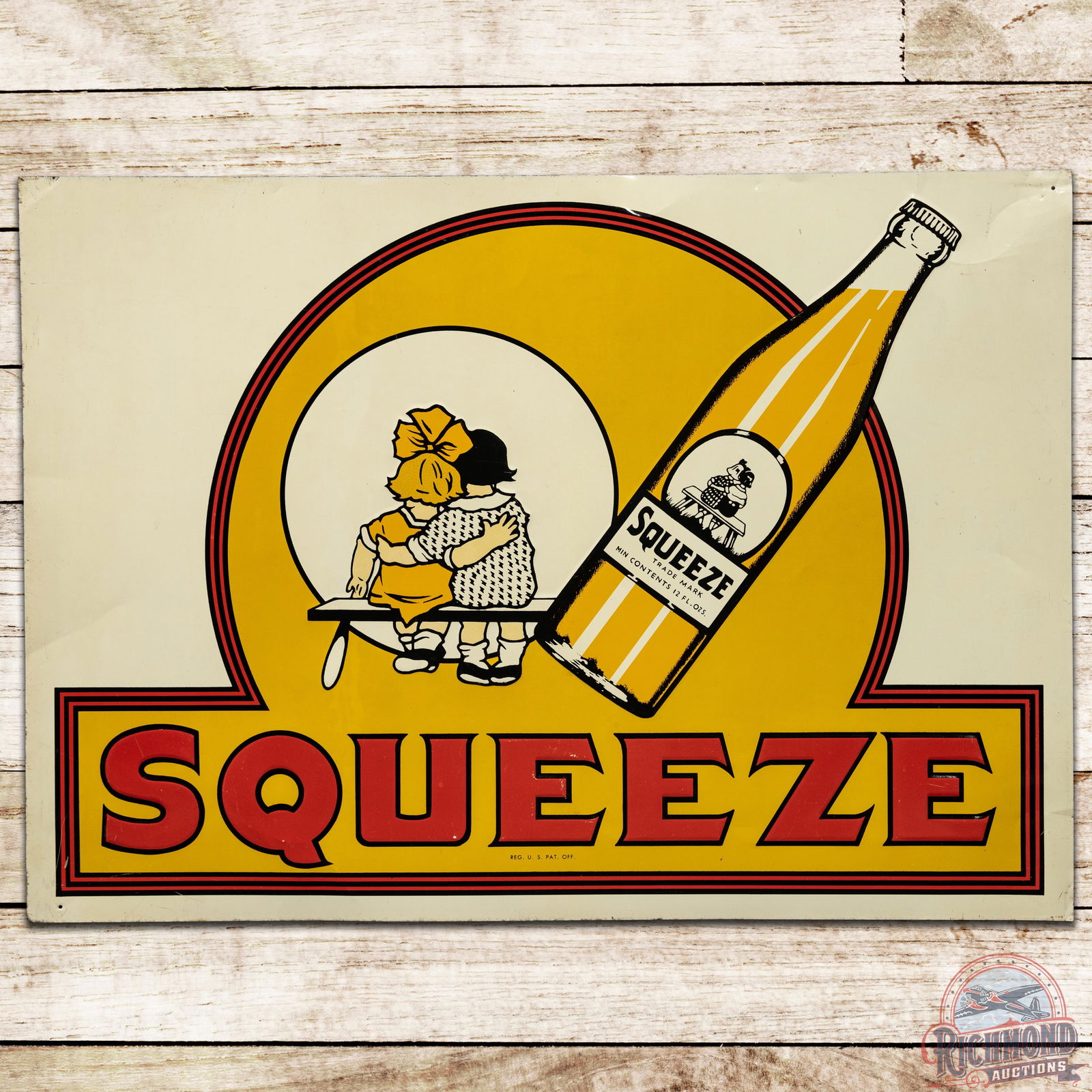 Squeeze Soda Pop Sst Sign W/ Kids & Bottle Logo - 8.5 Auction