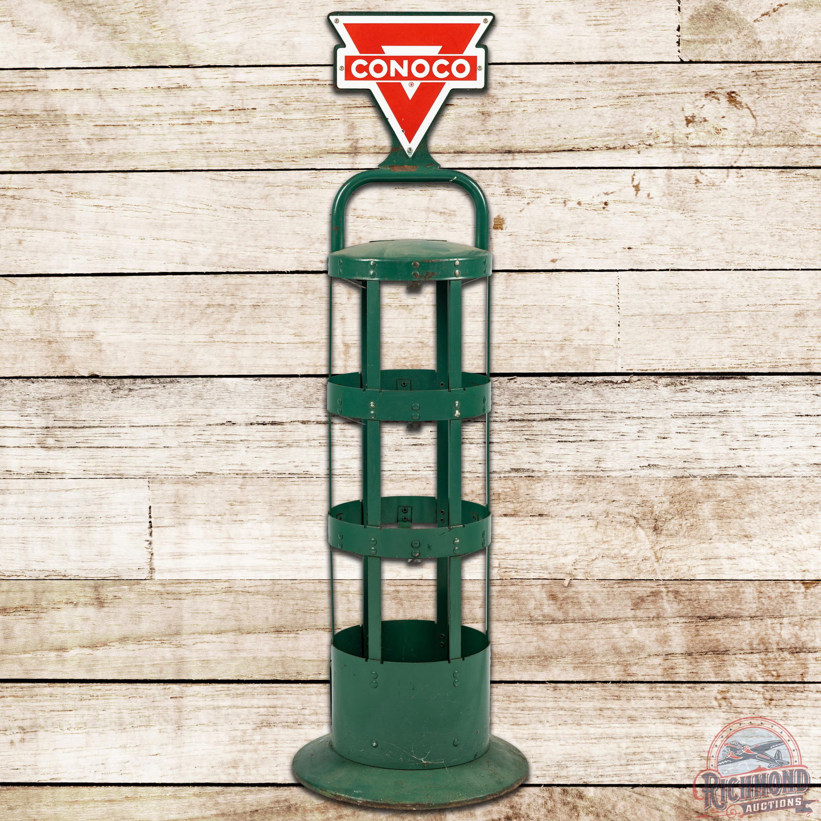 Conoco Motor Oil Quart Can Rack W/ 2 Porcelain Signs - 8.5 Auction