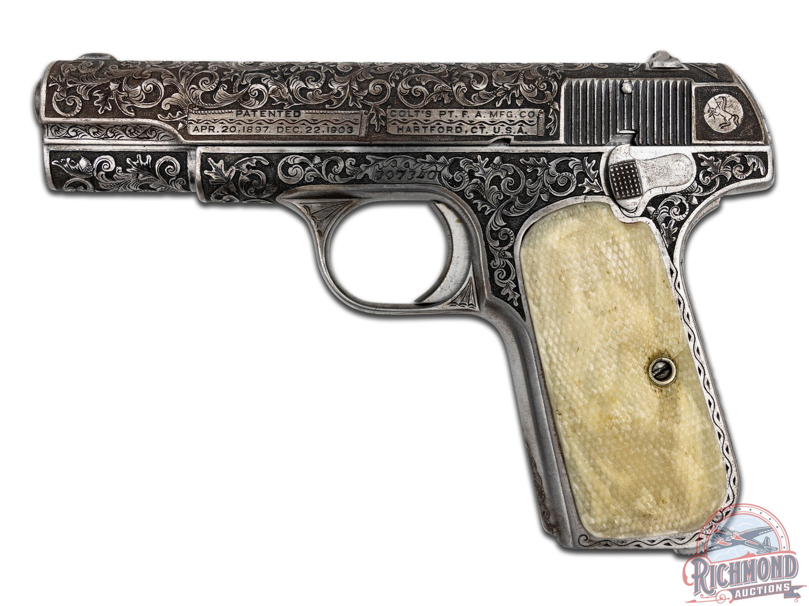 Engraved Colt Model 1903 Pocket Hammerless Semi Automatic Pistol Auction
