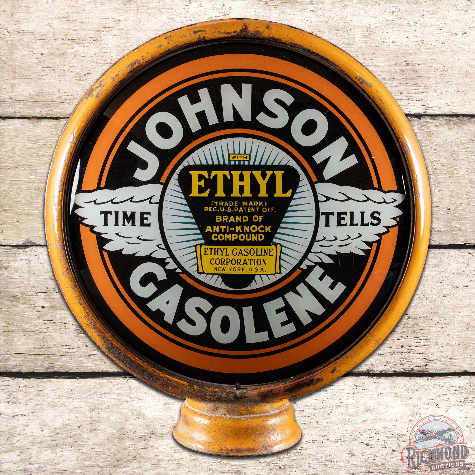 Johnson Time Tells Ethyl Gasolene Complete 15" Gas Pump Globe W/ Hp ...