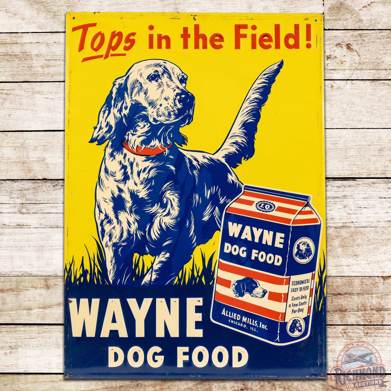 Wayne Dog Food "tops In The Field" Embossed Sst Sign