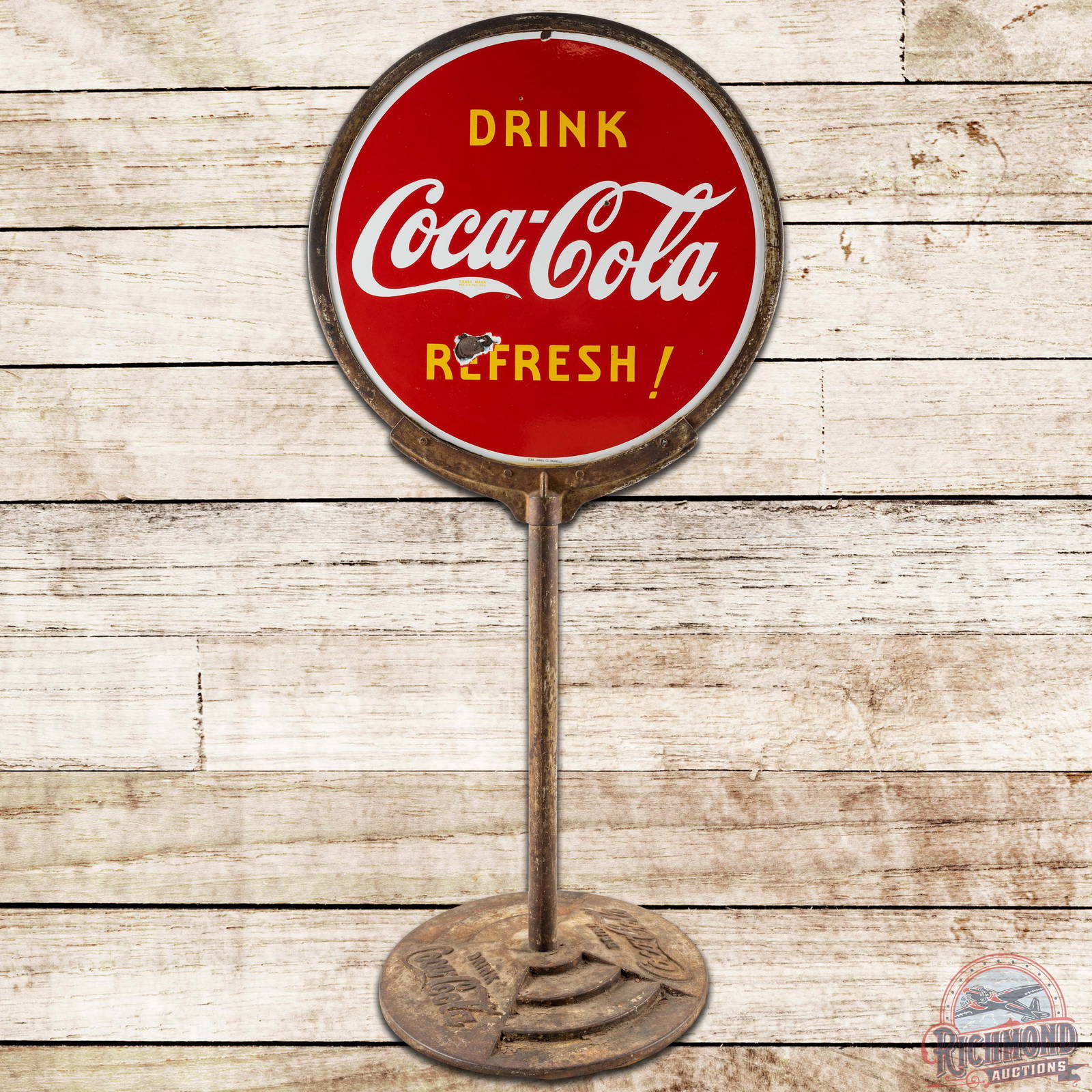 1938 Drink Coca Cola "refresh!" Dsp Curb Sign Auction