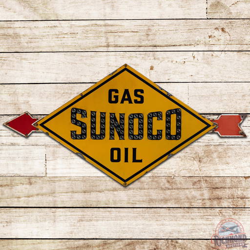 Rare Sunoco Gas Oil Die Cut Ssp Sign W/ Arrow & Glass Marbles