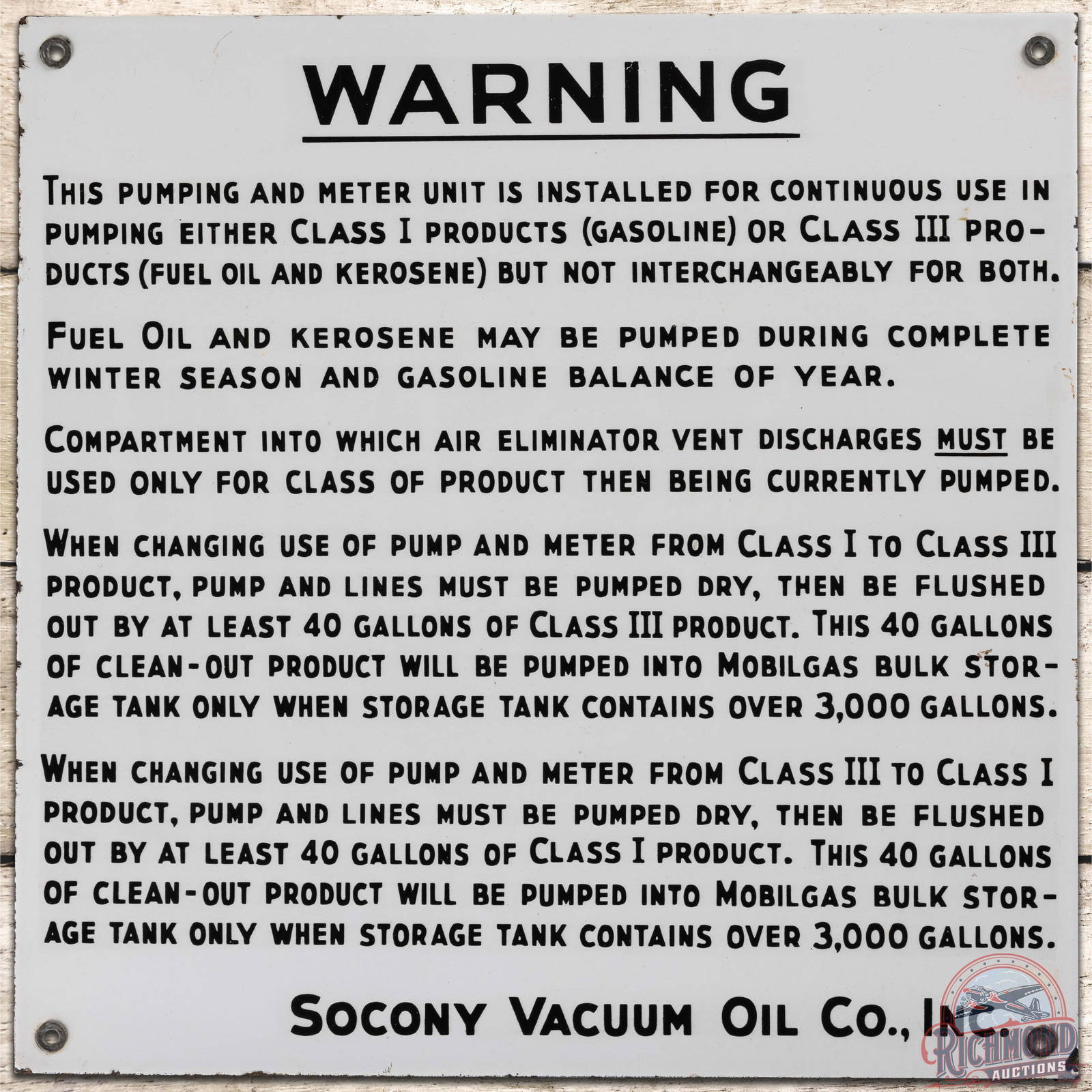 Mobilgas Socony Vacuum Oil Co Gas Pump Warning Ssp Sign Auction