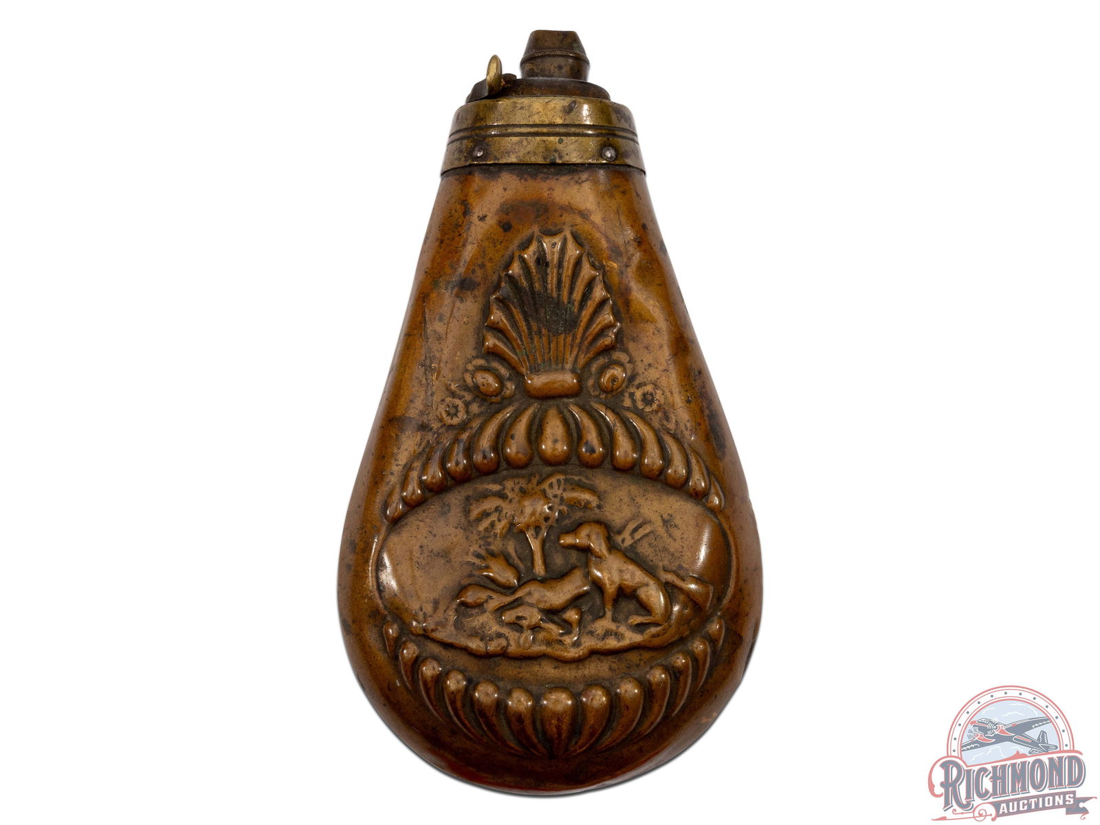 Lot Two 3 Lbs. Vintage Black Powder Flasks Copper & Leather Auction