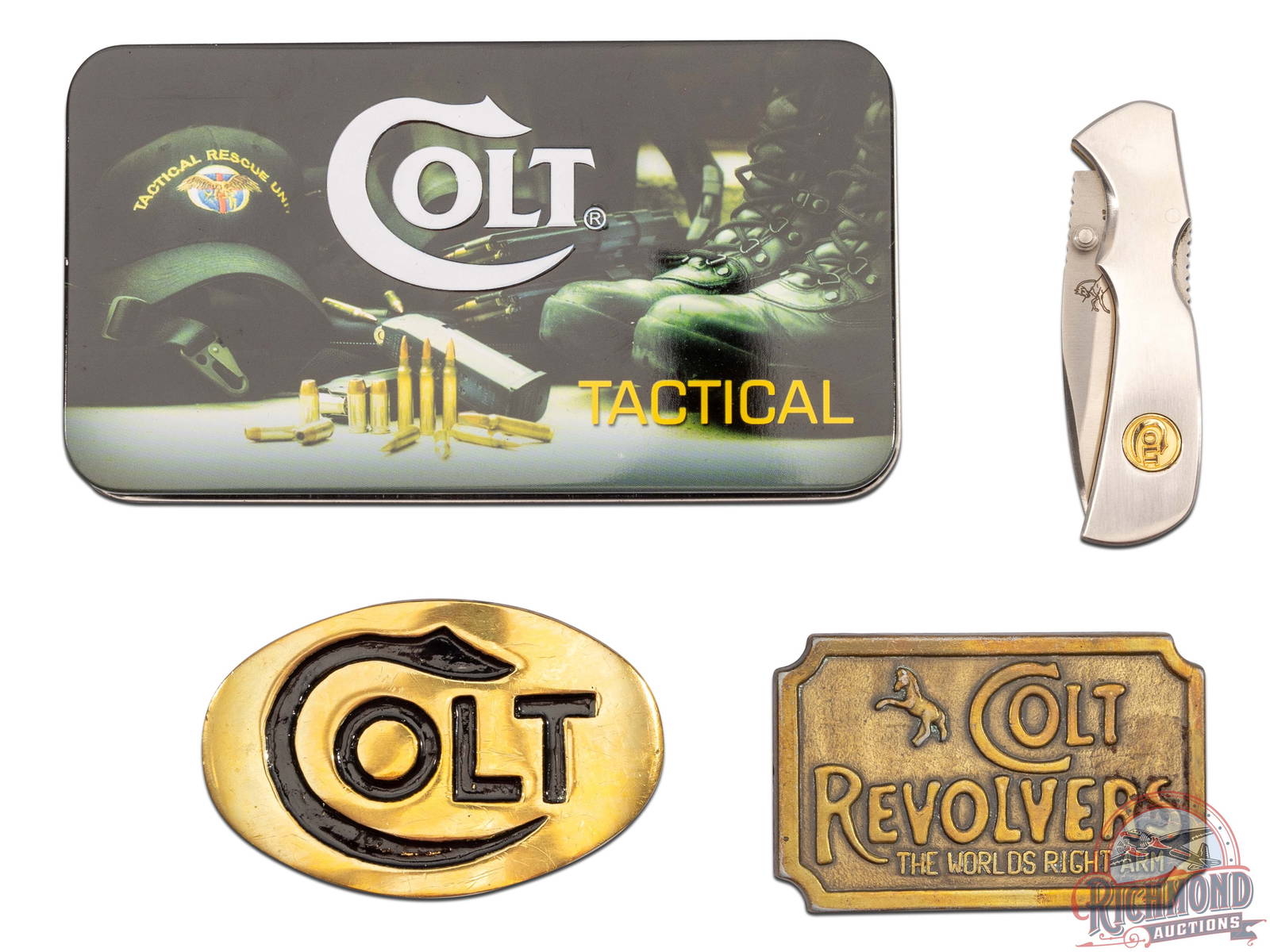 New Colt Tactical Folder Knife In Tin And Two Brass Colt Belt Buckles ...