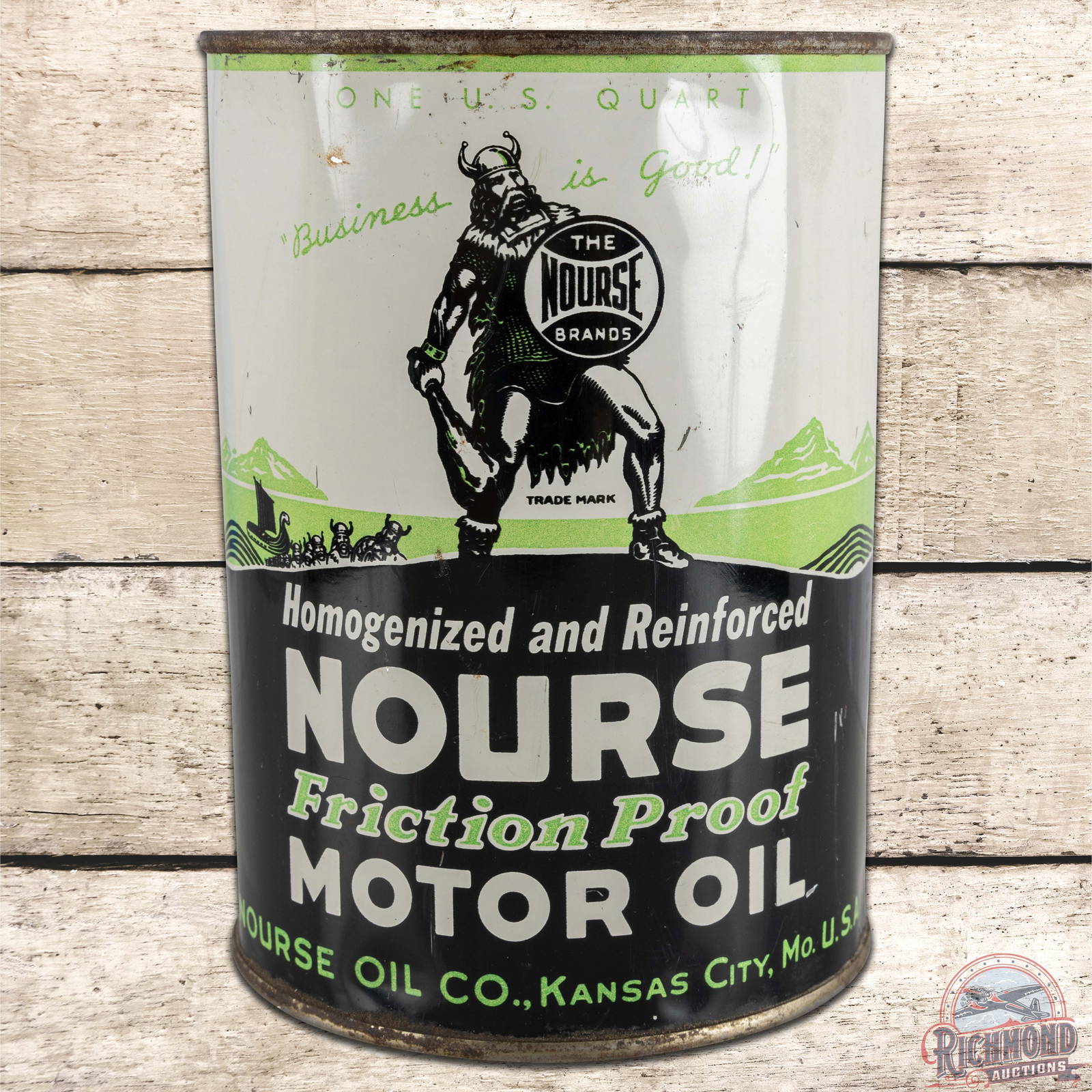 Nourse Friction Proof Motor Oil Metal 1 Quart Can Full W/ Viking Auction